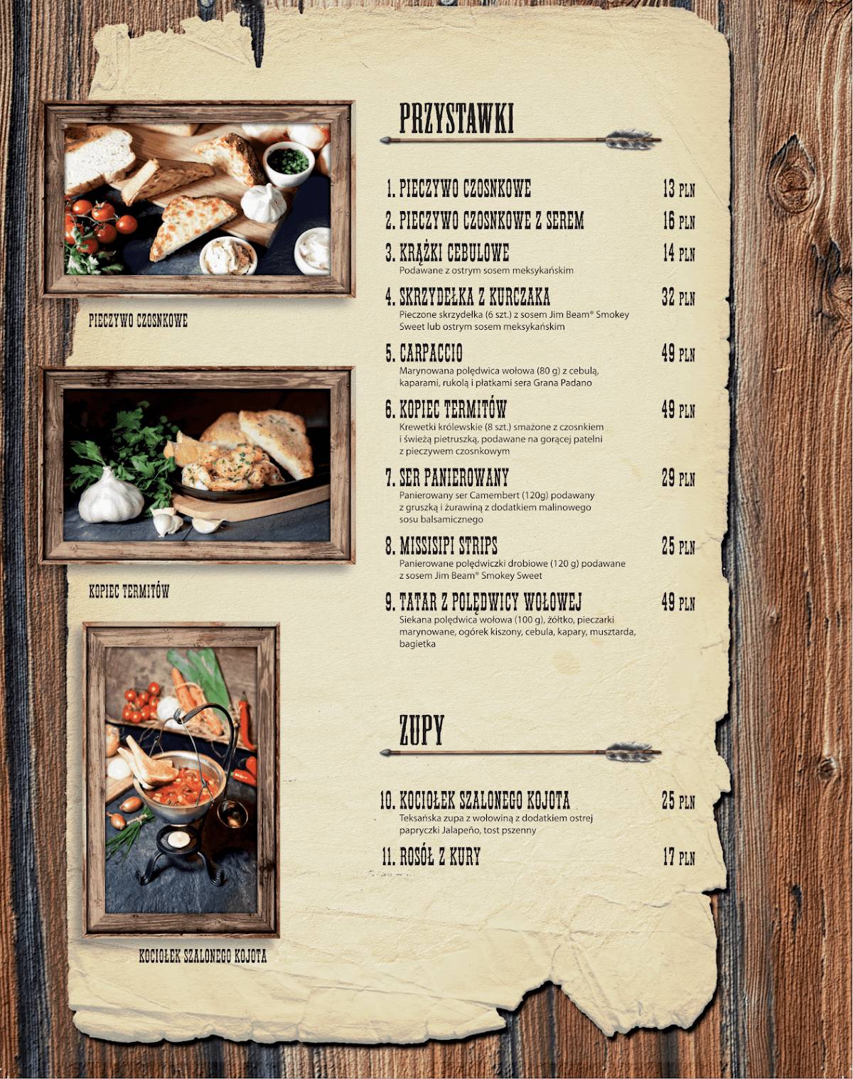 Menu at Sioux steakhouse, Kraków