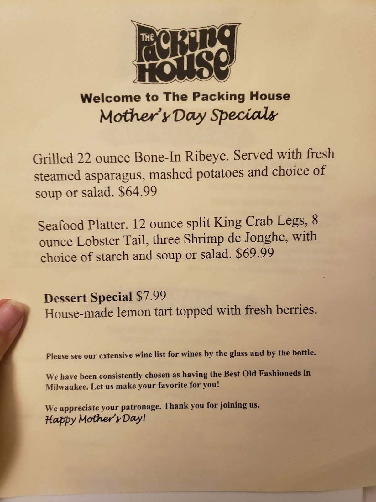 Menu at The Packing House steakhouse, Milwaukee