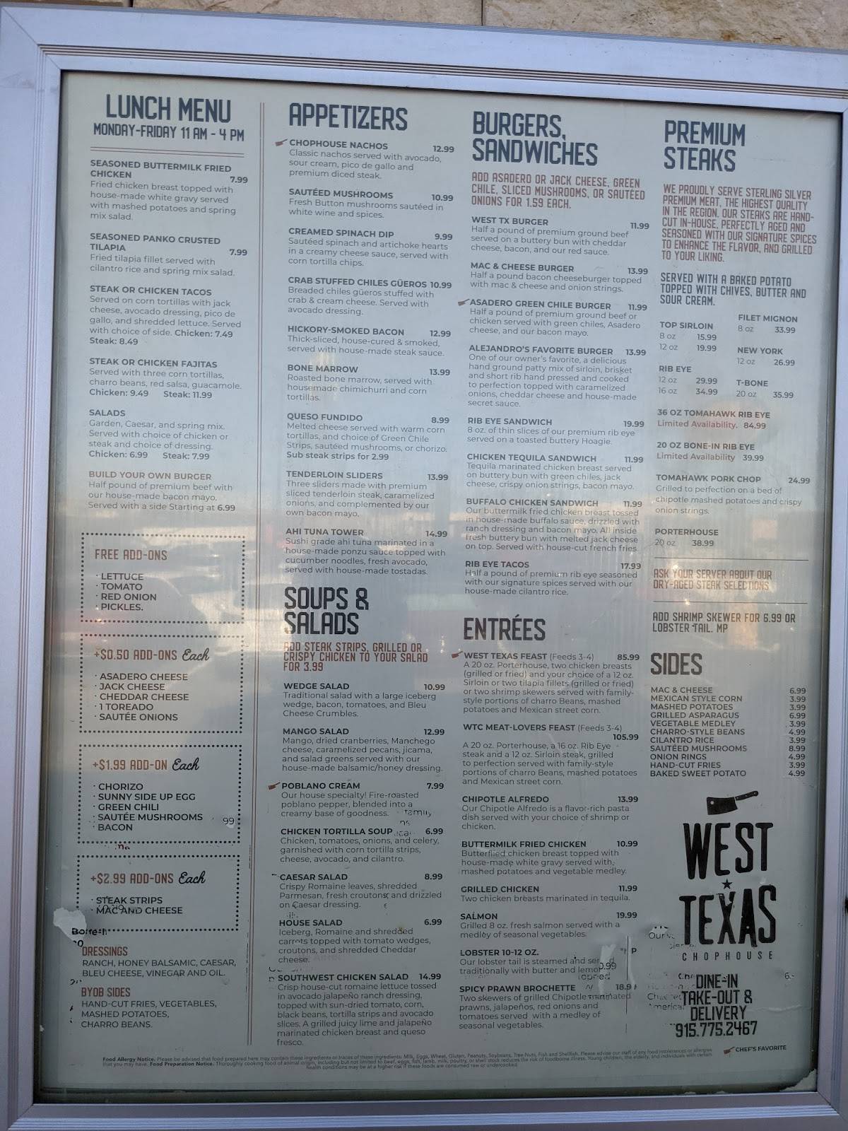 Menu at West Texas Chophouse steakhouse, El Paso