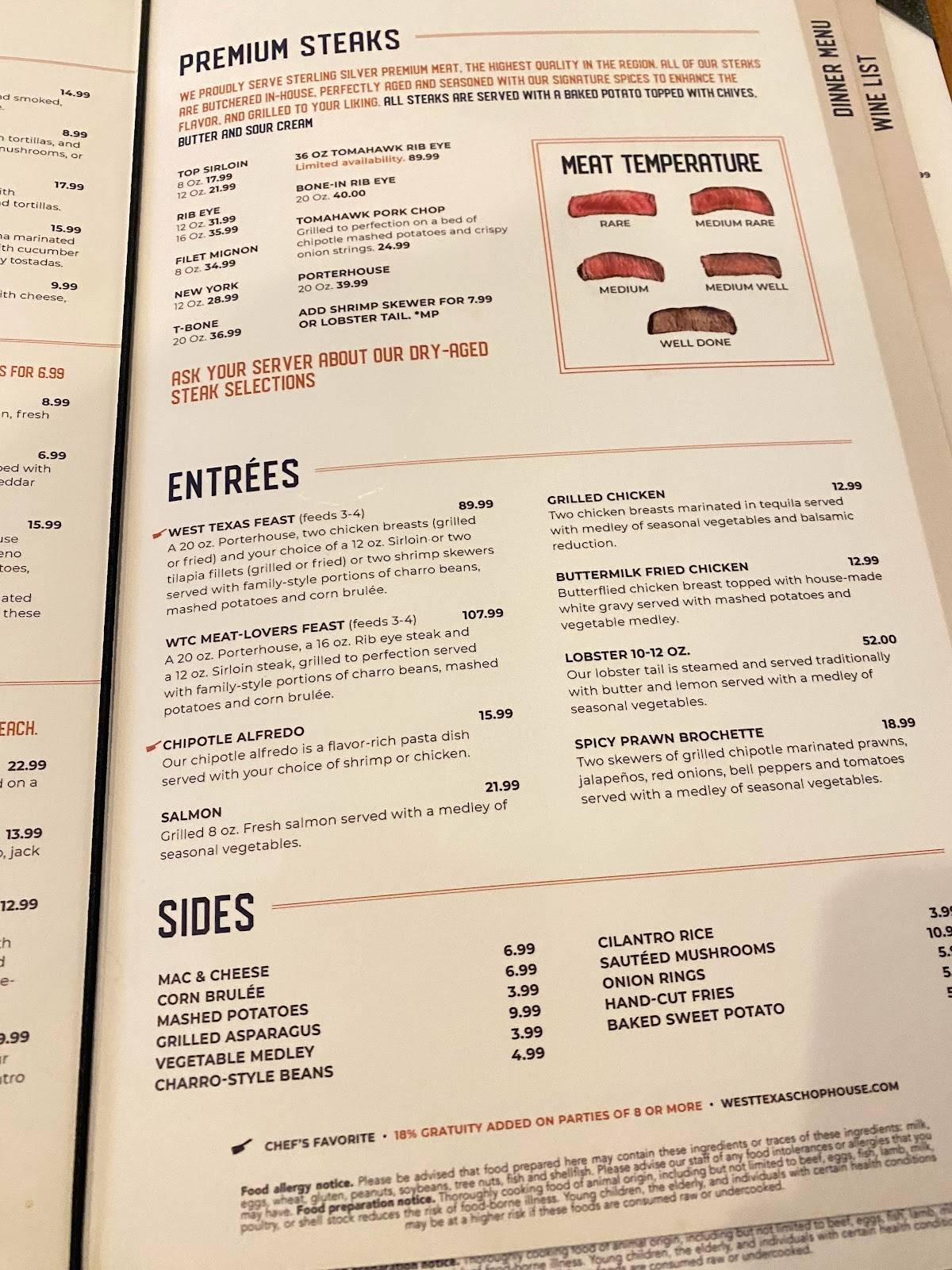 Menu at West Texas Chophouse steakhouse, El Paso