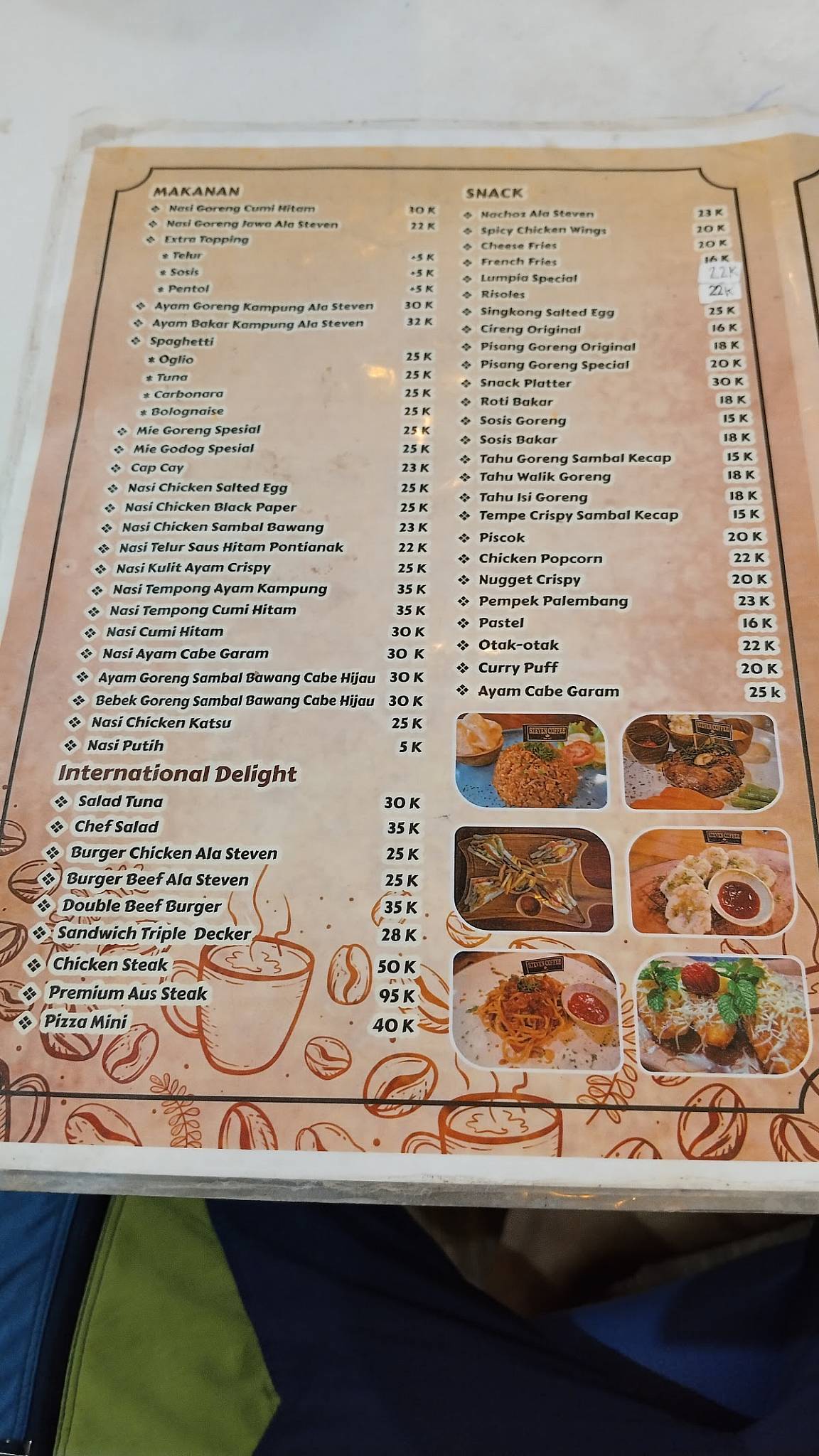 Menu at Steven Coffee cafe, Banyuwangi
