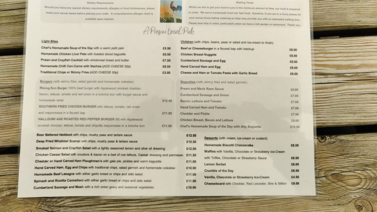 Menu at The Rising Sun pub & bar, Weston