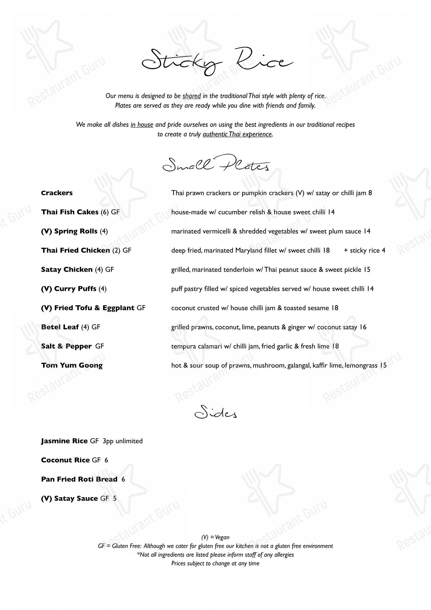 Menu at Sticky Rice Thai Food and Bar, Tugun