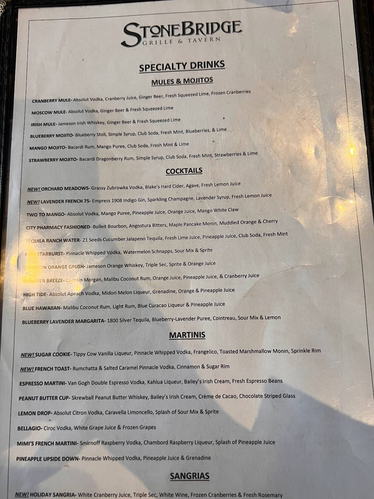 Menu at Stonebridge Grille & Tavern pub & bar, Warren