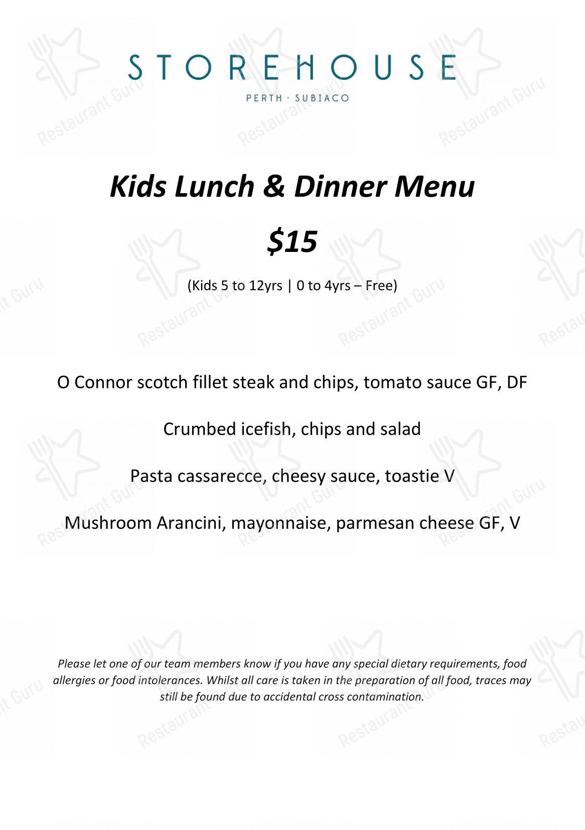 Menu at Storehouse Subiaco restaurant, Subiaco