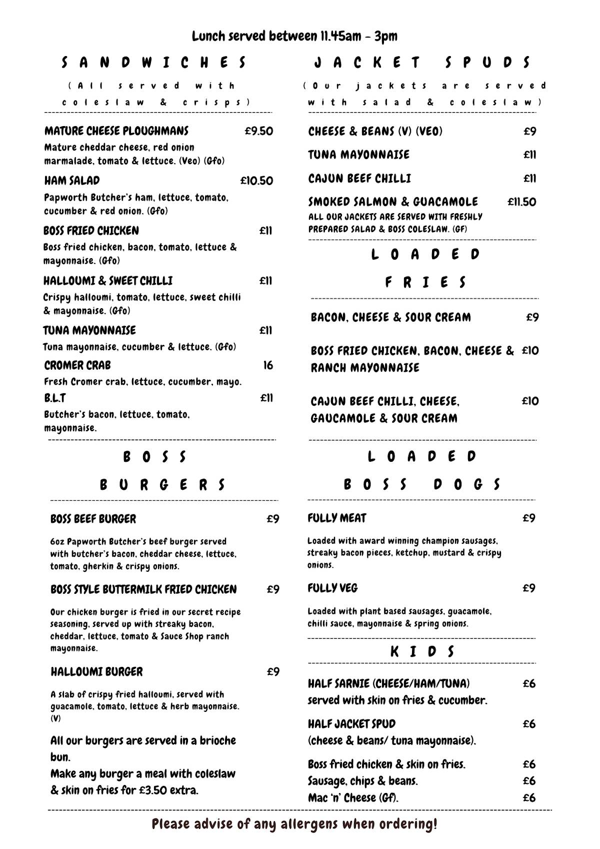 Menu at Streat Boss cafe, Sheringham
