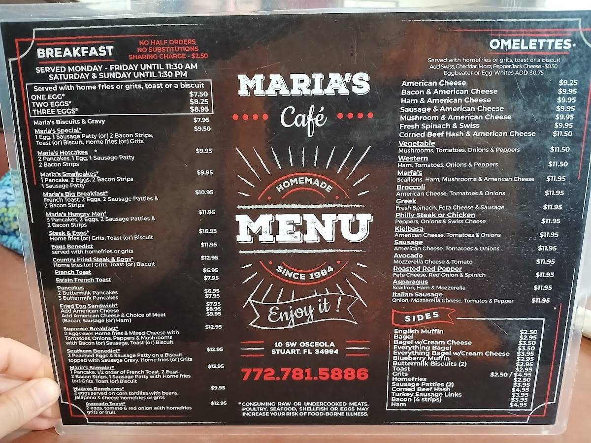 Menu at Maria's Cafe, Stuart, 10 SW Osceola St