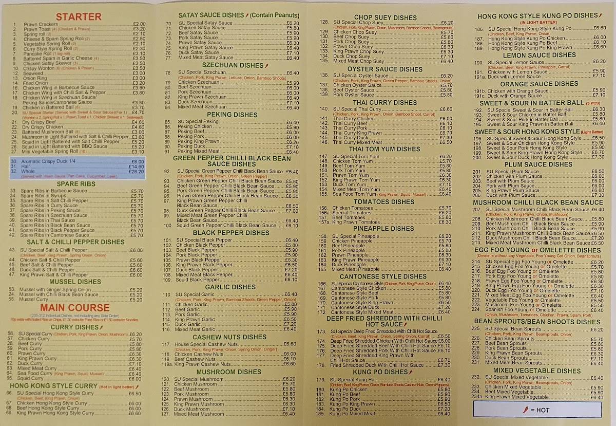 Menu at Su Chinese Takeaway fast food, Hull