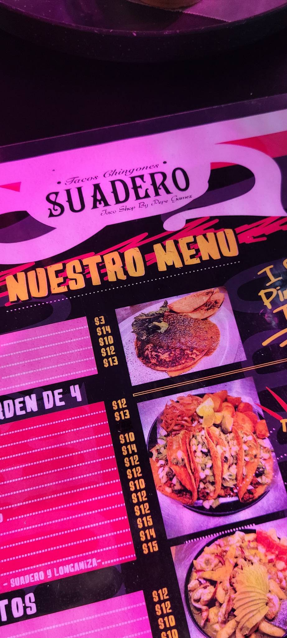 Menu at Los Tacos del Pepe restaurant, Laredo