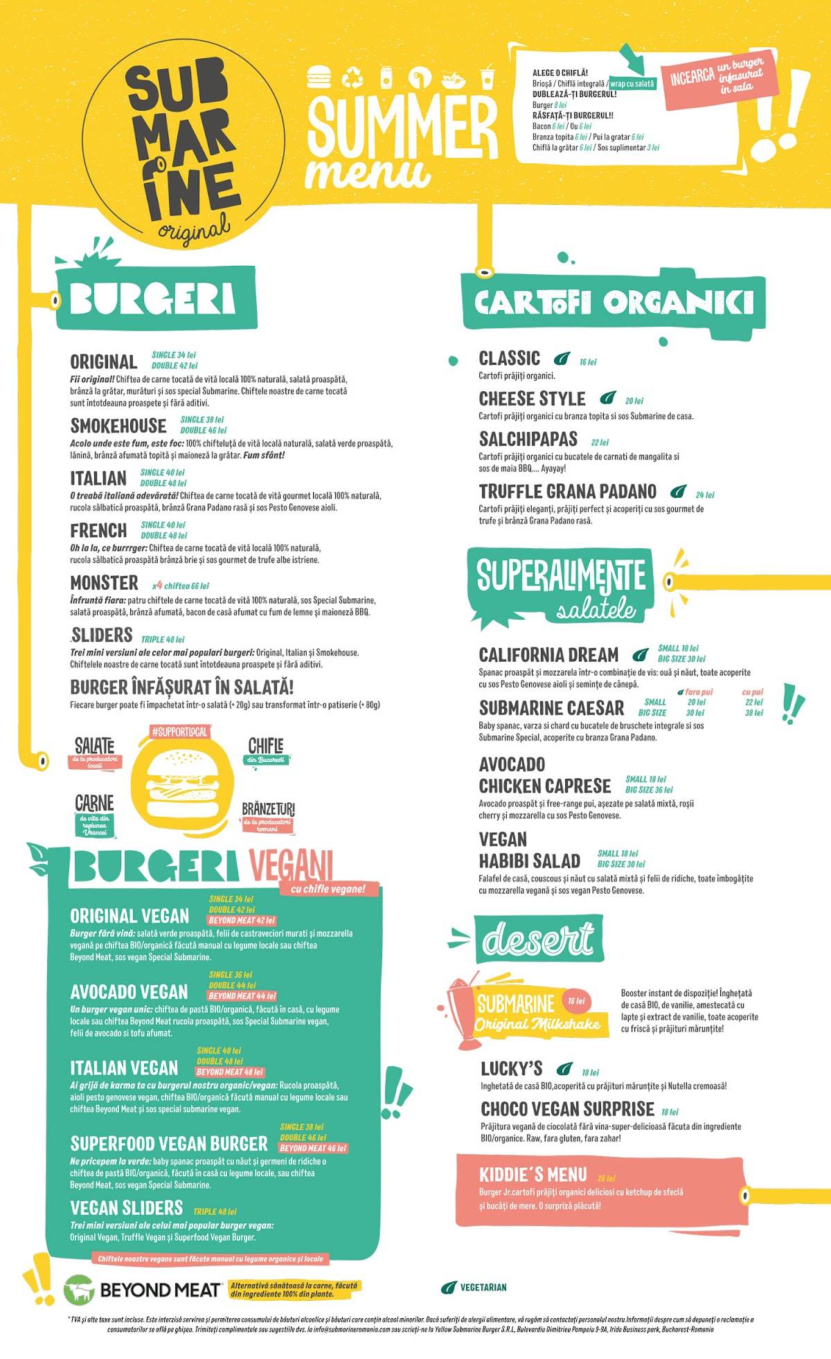 Speisekarte von Submarine Burger, Bukarest