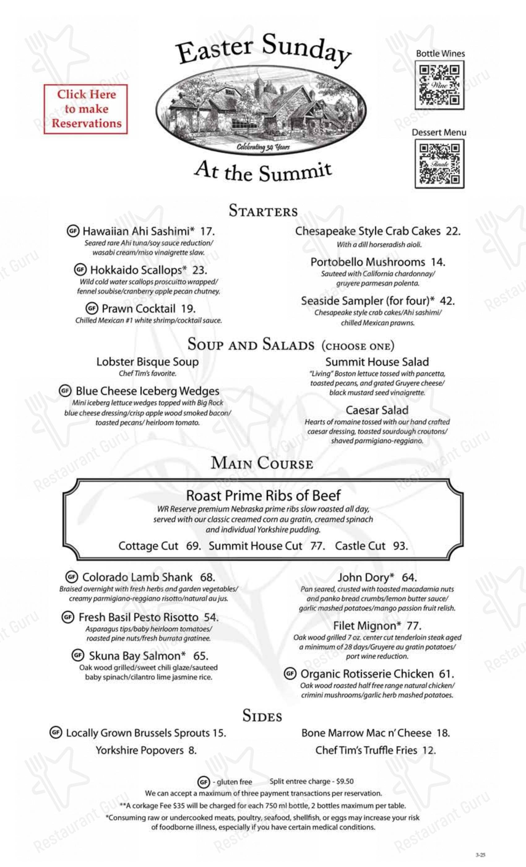 Menu at Summit House Restaurant, Fullerton
