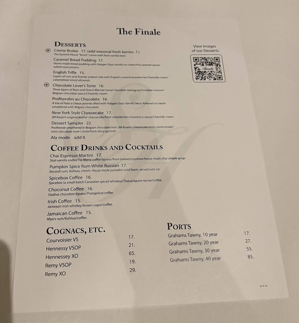 Menu at Summit House Restaurant, Fullerton