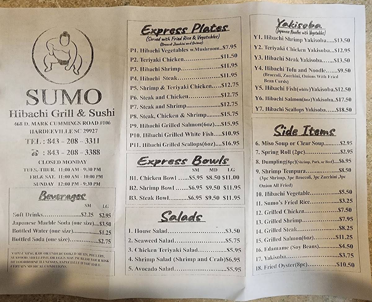 Menu at Sumo sushi restaurant, Hardeeville