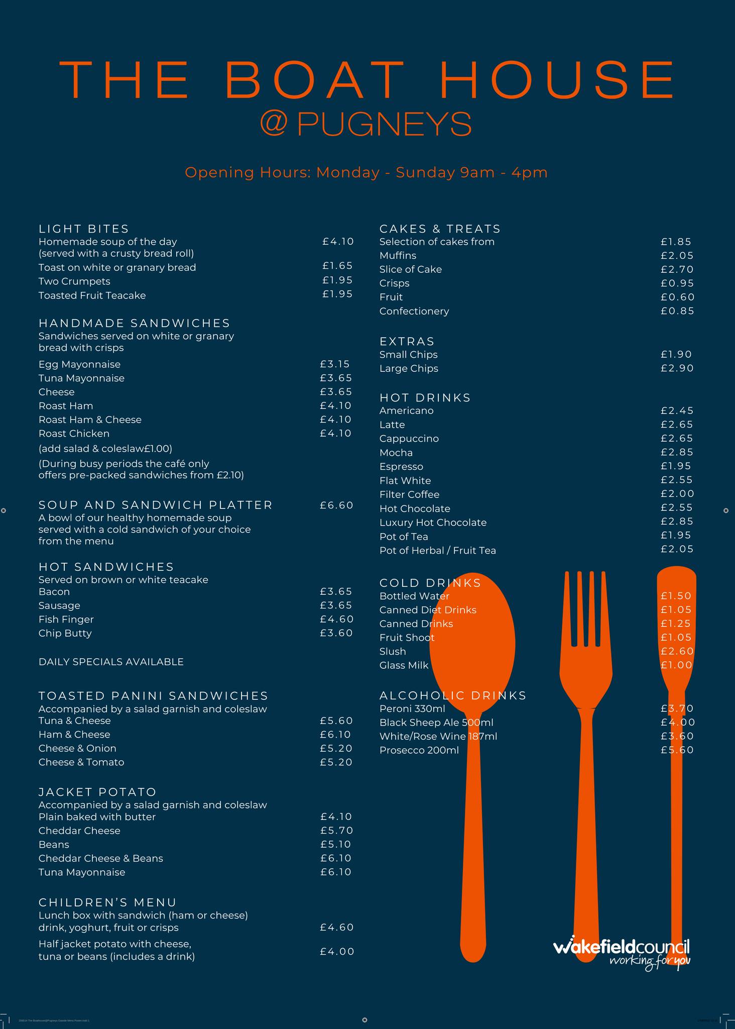 Menu at Pugneys Country Park, Wakefield