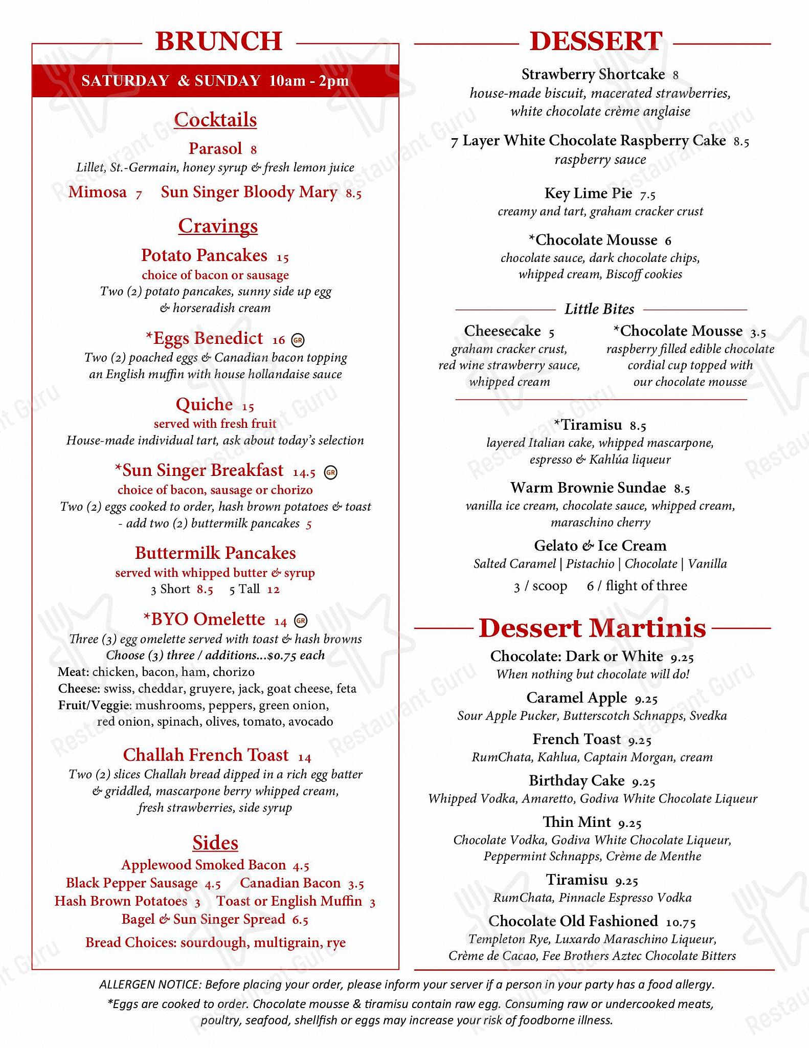 Menu at Sun Singer Restaurant, Wine & Spirits, Champaign