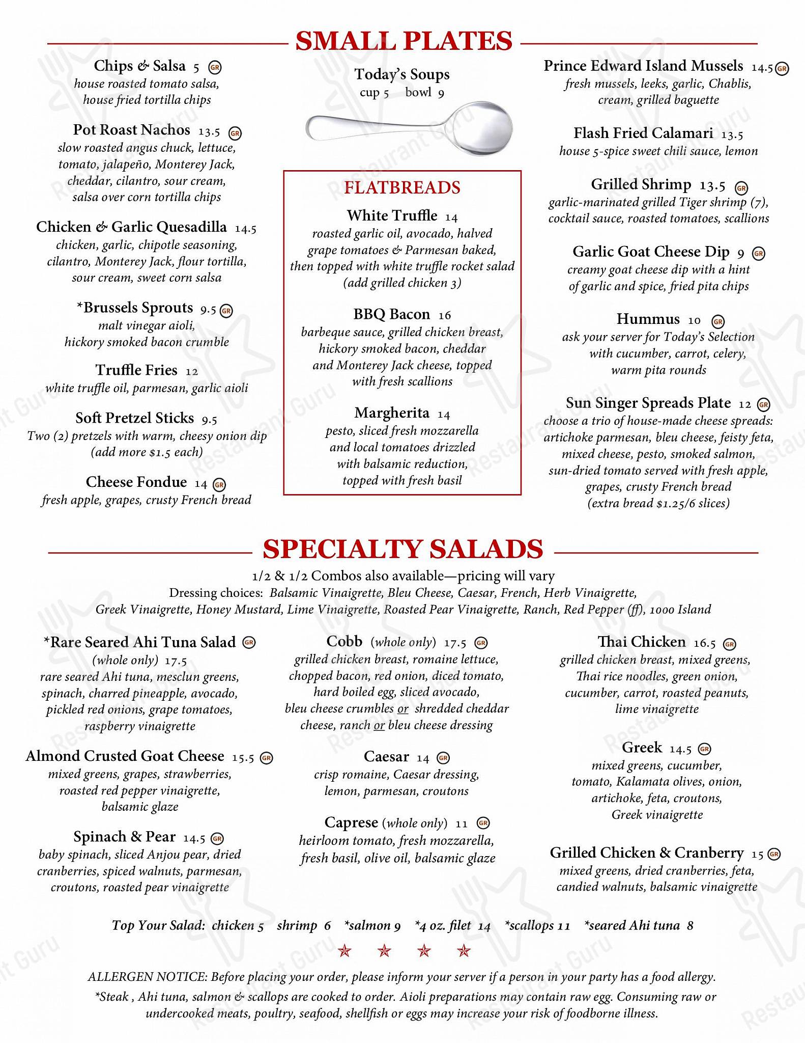 Menu at Sun Singer Restaurant, Wine & Spirits, Champaign