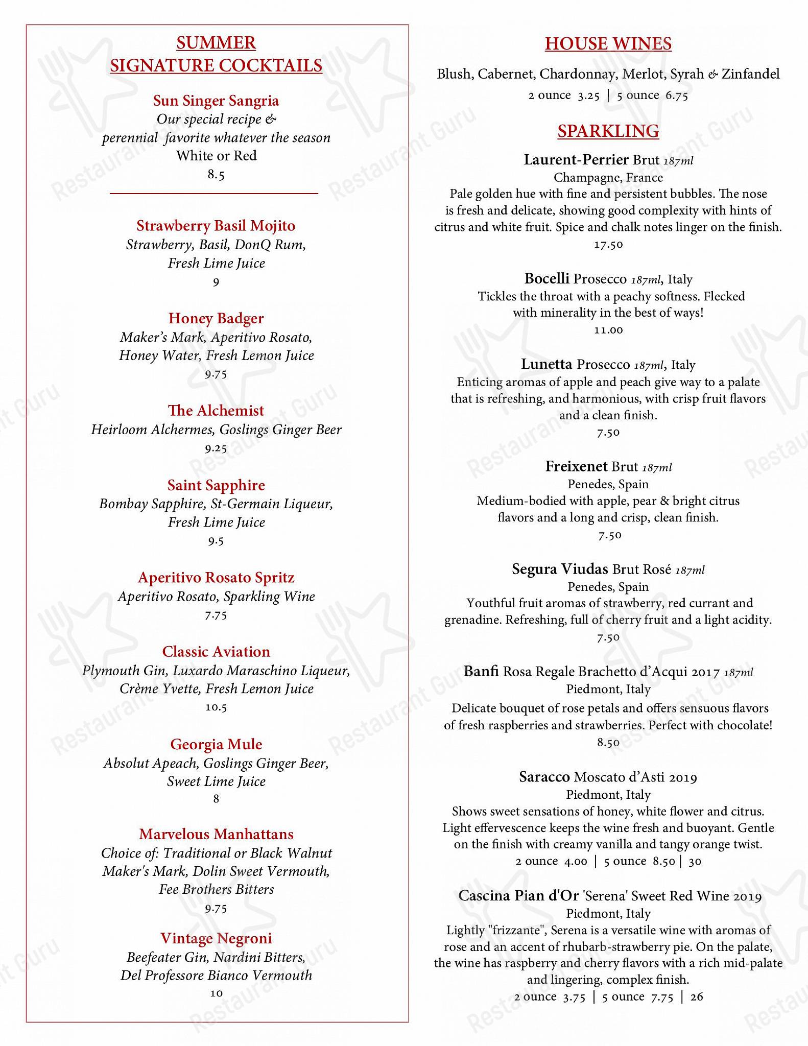 Menu at Sun Singer Restaurant, Wine & Spirits, Champaign