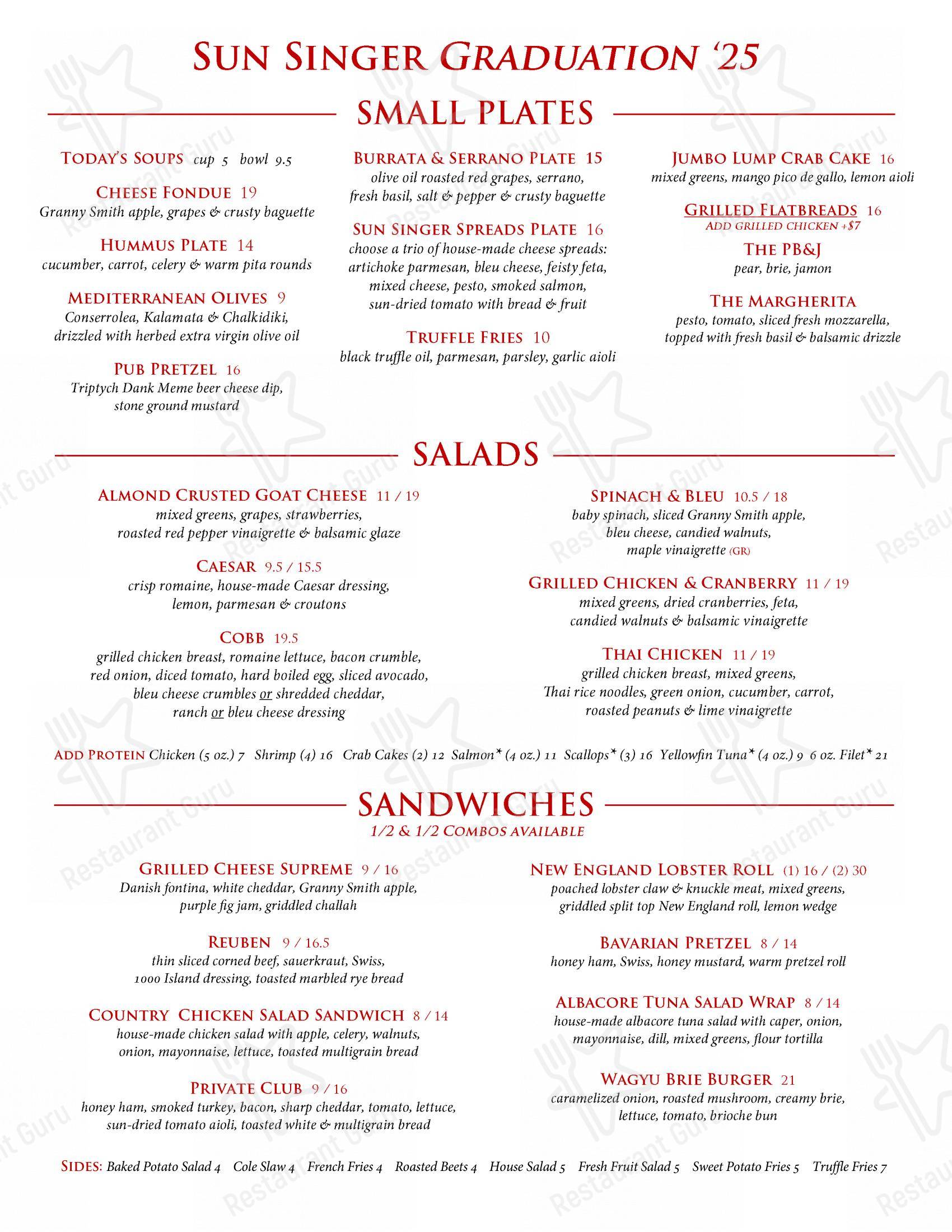 Menu at Sun Singer Restaurant, Wine & Spirits, Champaign