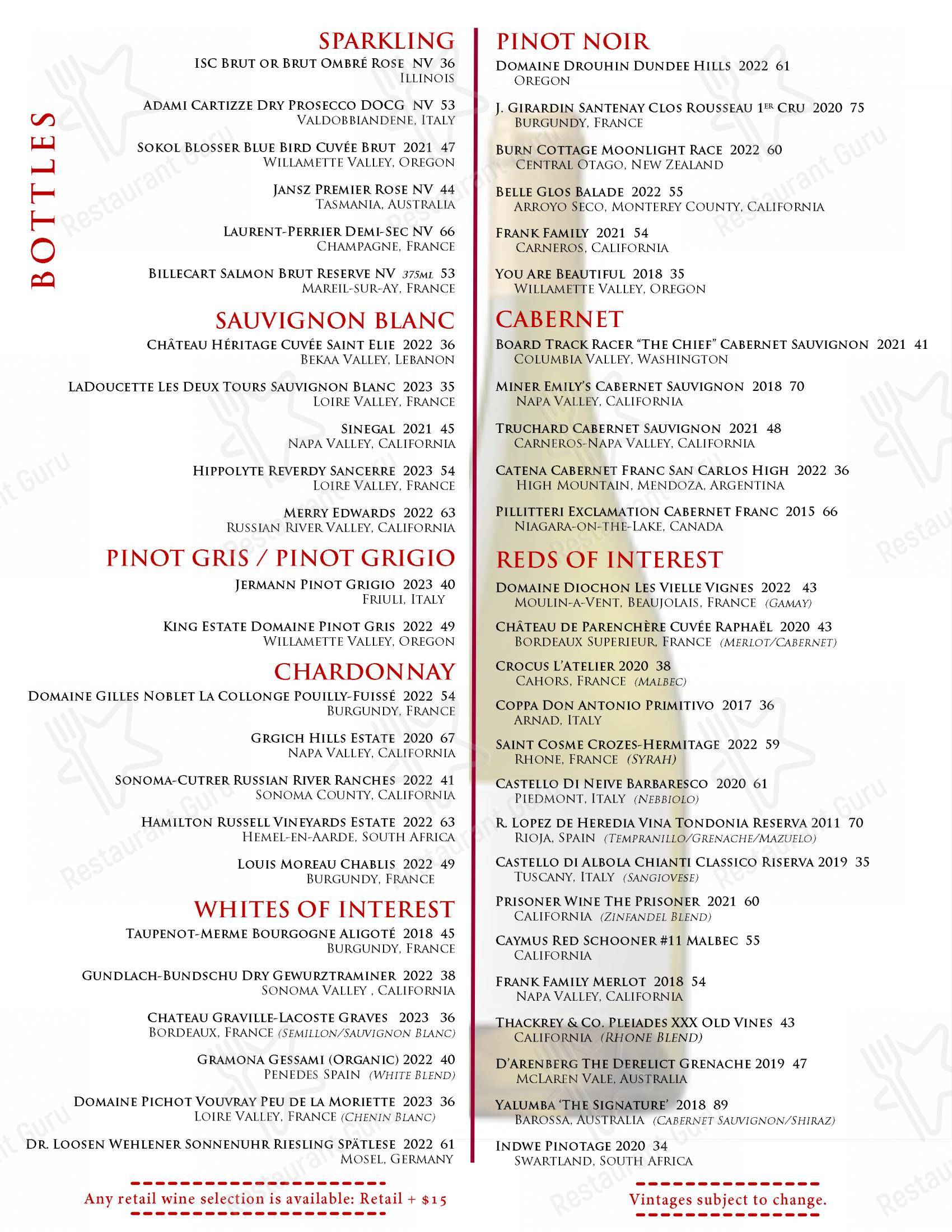Menu at Sun Singer Restaurant, Wine & Spirits, Champaign