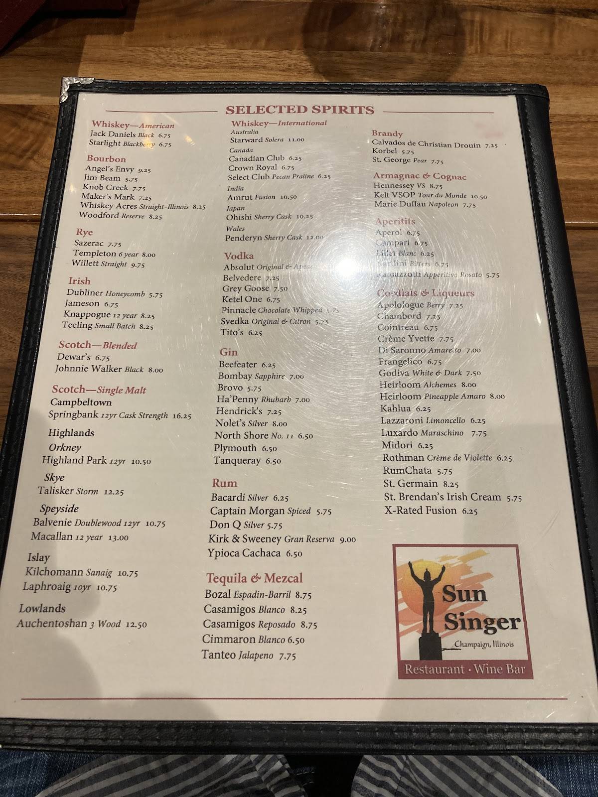 Menu at Sun Singer Restaurant, Wine & Spirits, Champaign