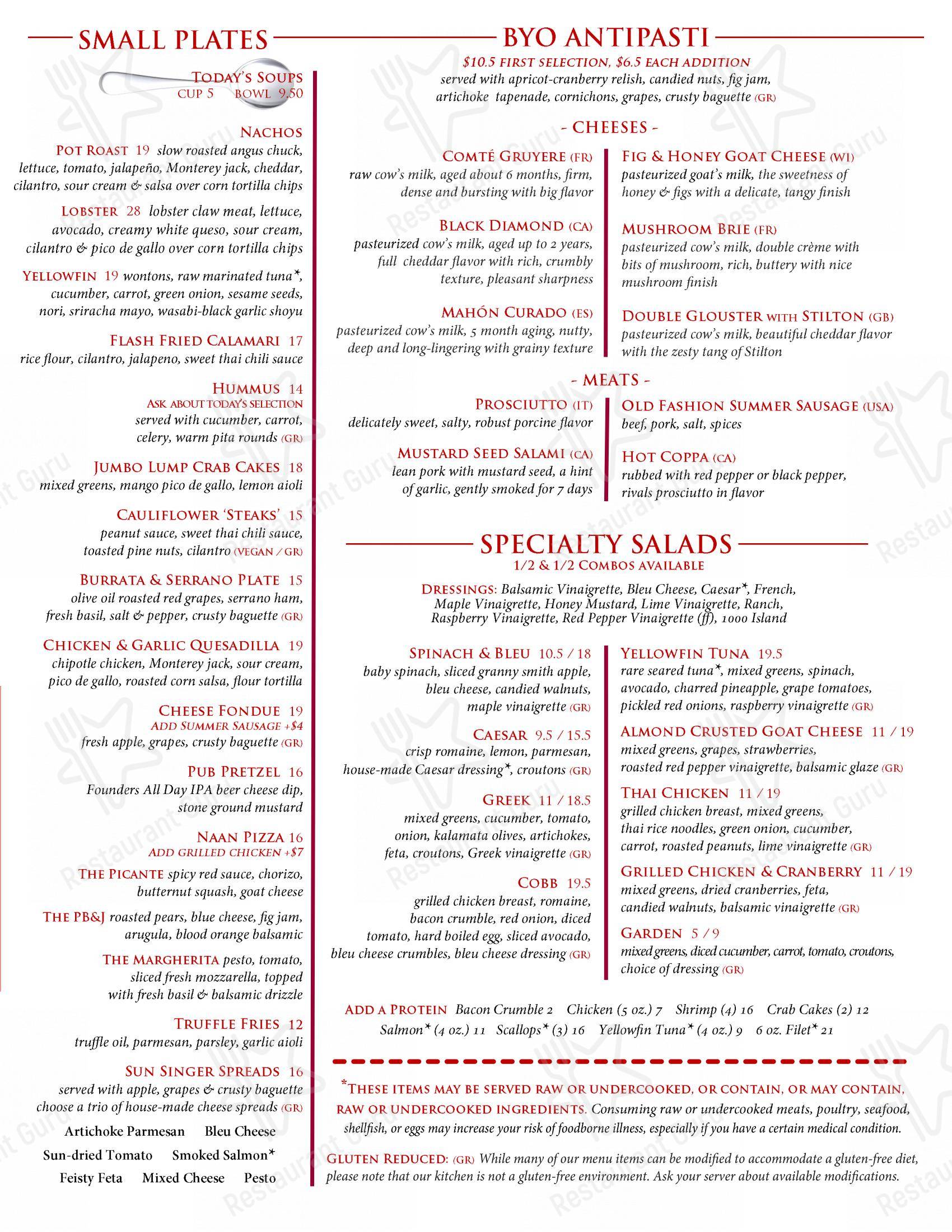 Menu at Sun Singer Restaurant, Wine & Spirits, Champaign