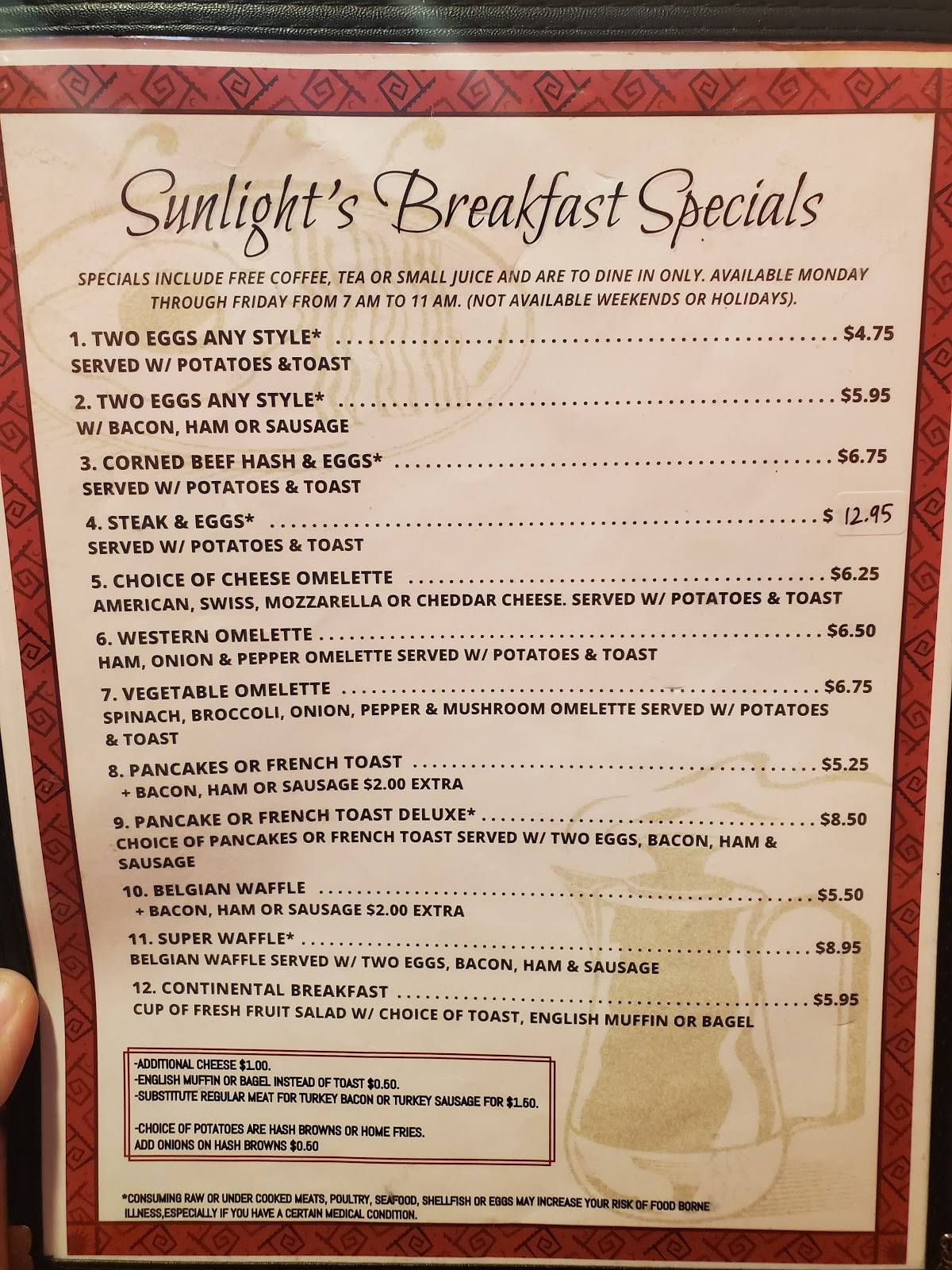 Menu at Sunlight Restaurant, South Saint Paul