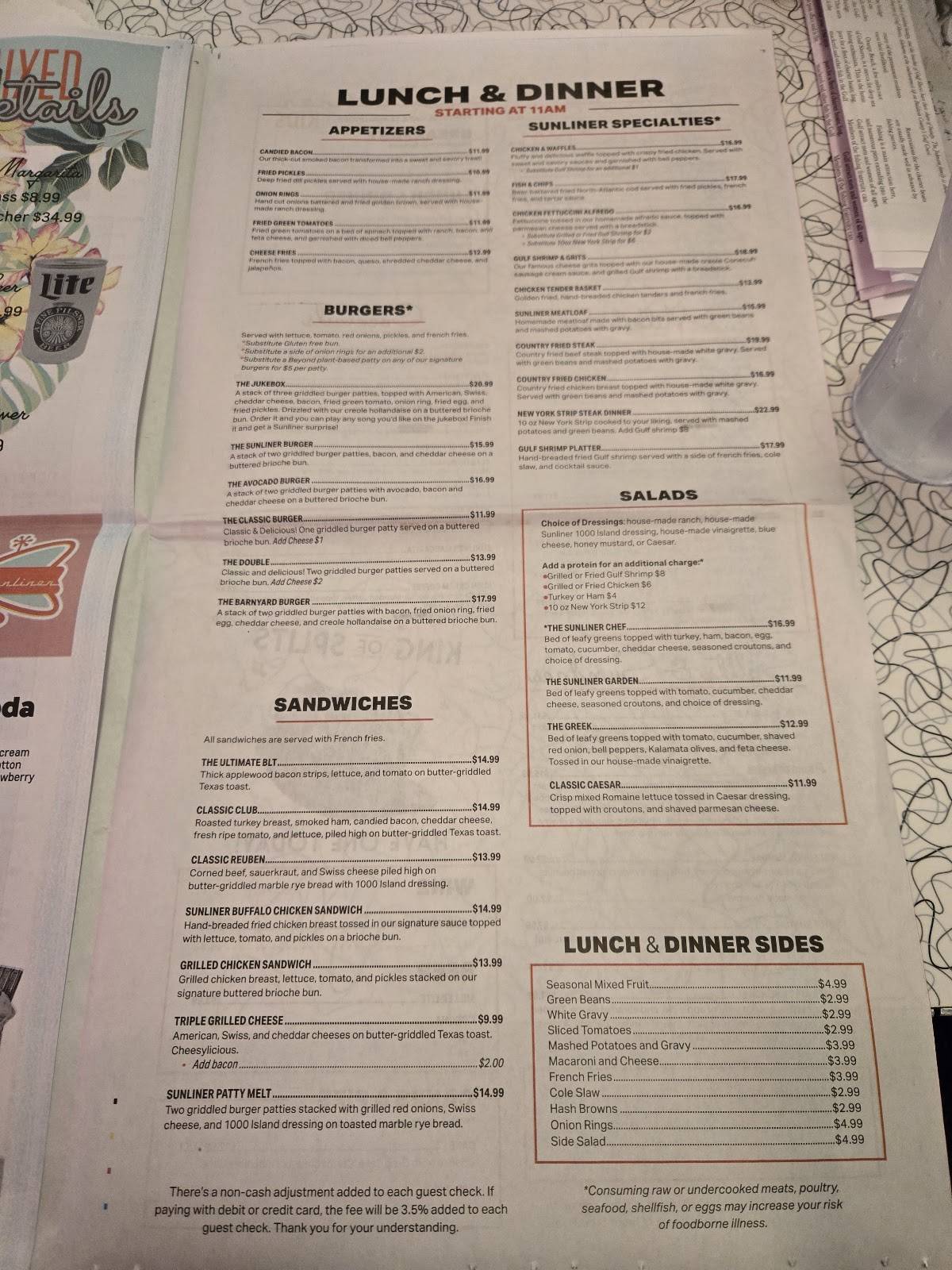 Menu at Sunliner Diner restaurant, Gulf Shores