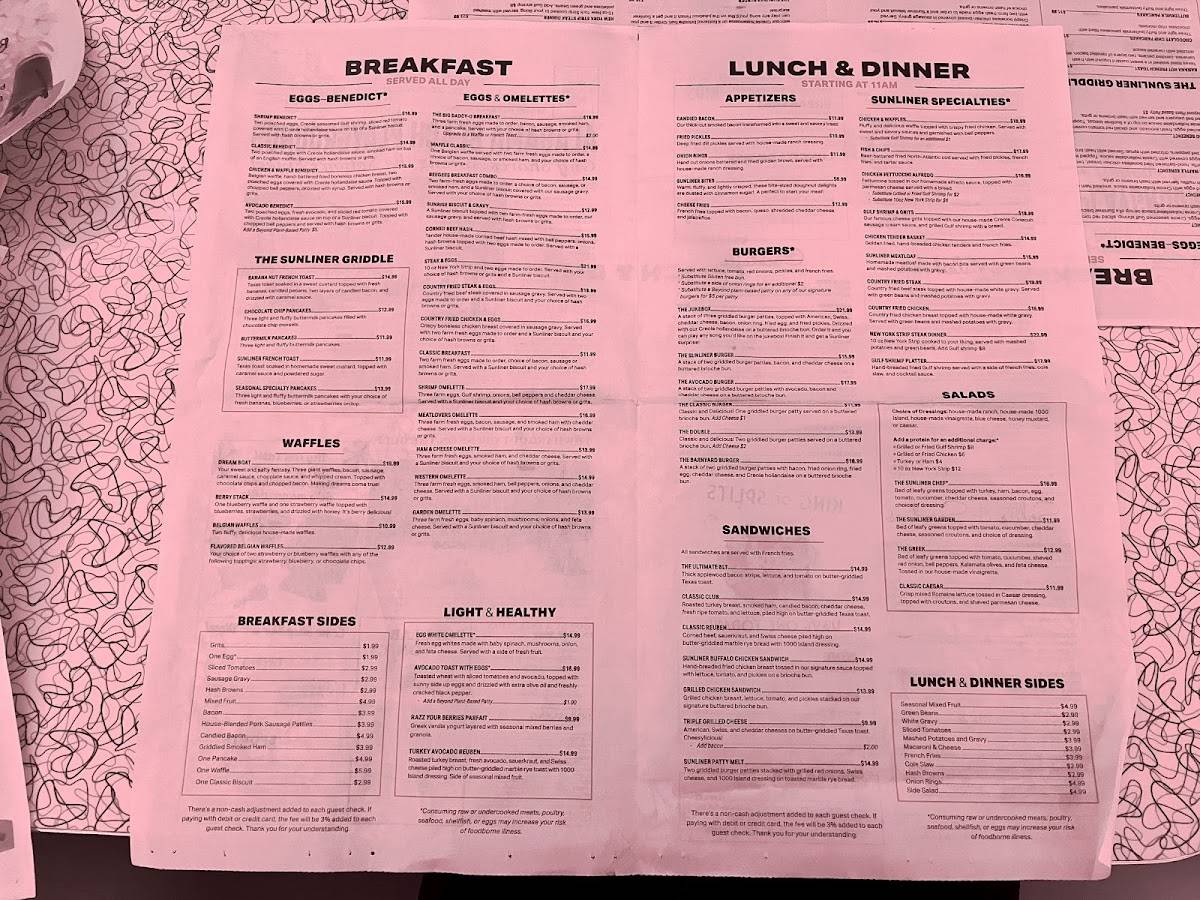 Menu at Sunliner Diner restaurant, Gulf Shores