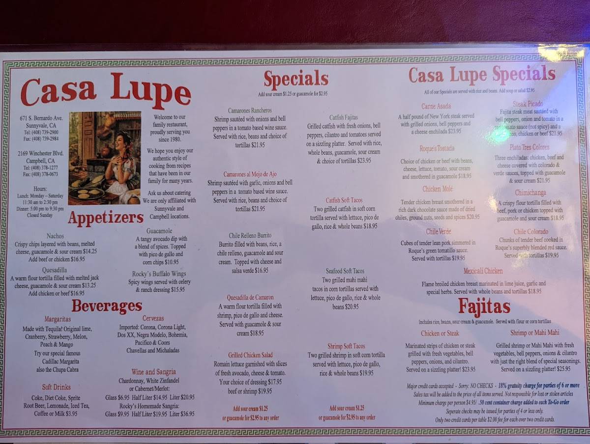 Menu at Casa Lupe restaurant, Sunnyvale