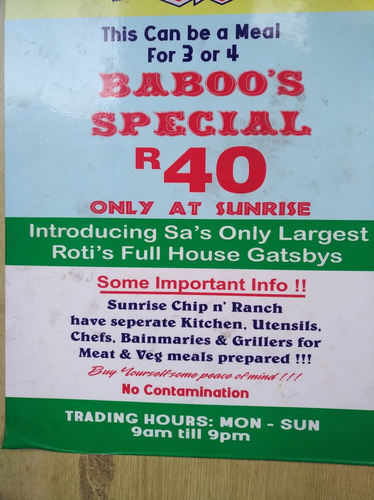 Menu at Sunrise Chip 'N Ranch fast food, Cape Town