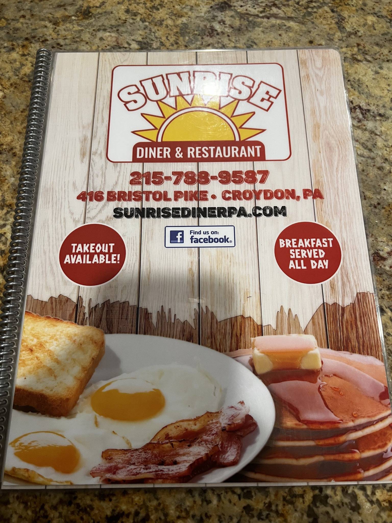 Menu at Sunrise Diner restaurant, Croydon, 416 Bristol Pike