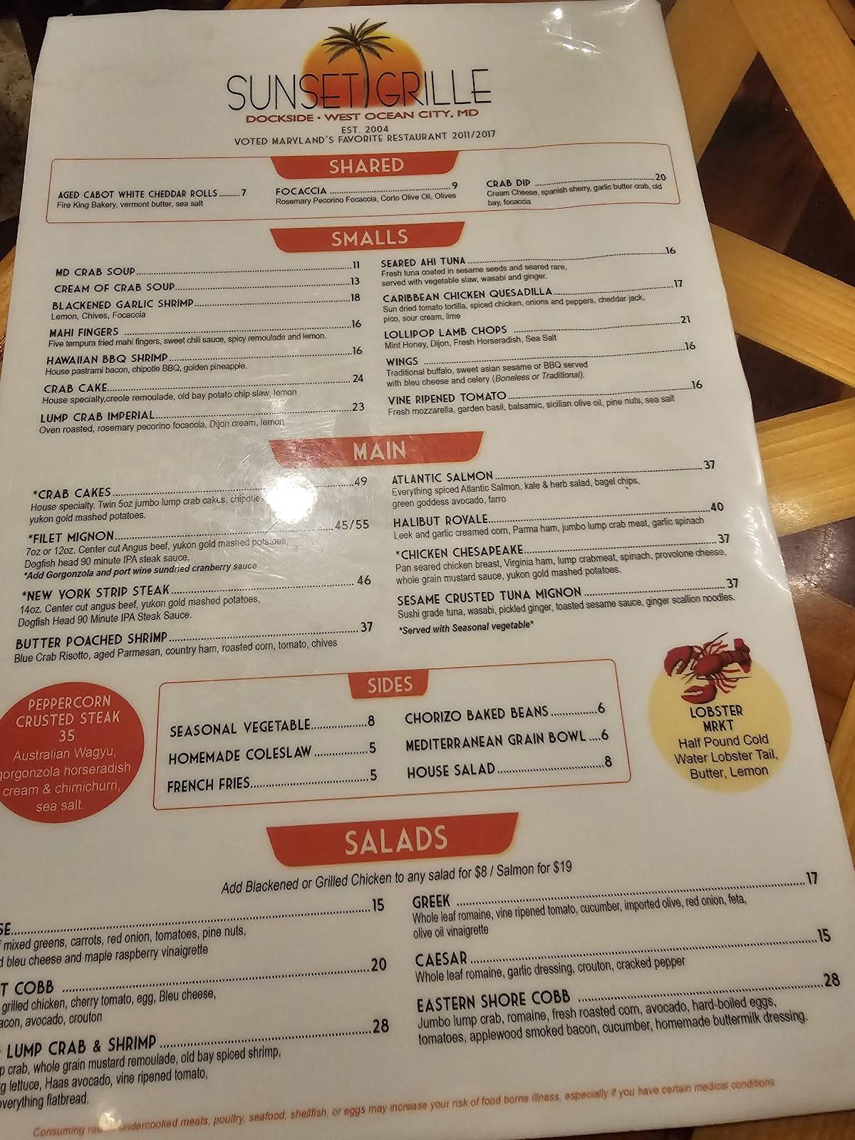 Menu at Sunset Grille pub & bar, Ocean City, Sunset Ave