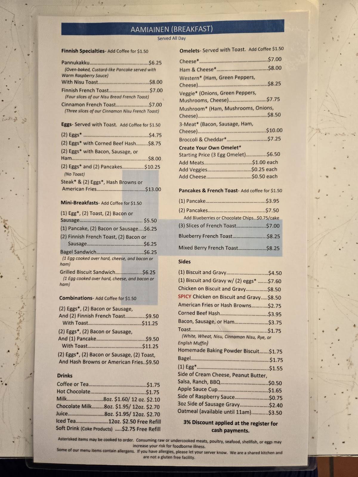 Menu at Suomi Home Bakery & Restaurant, Houghton