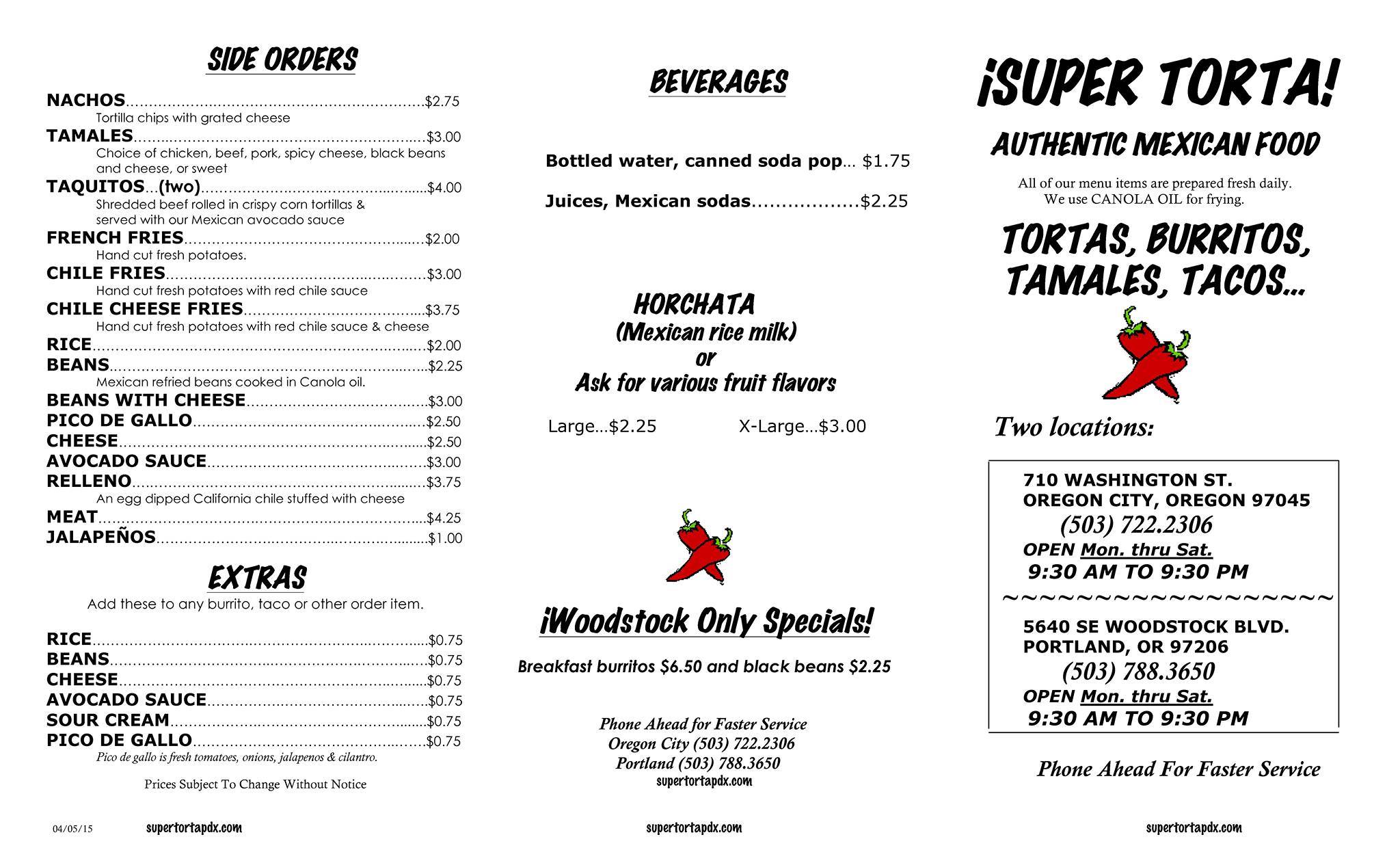 Menu at Super Torta restaurant, Oregon City