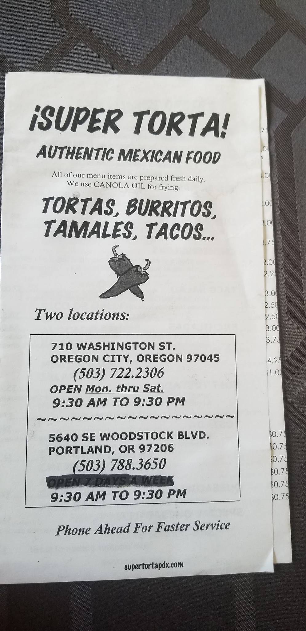 Menu at Super Torta restaurant, Oregon City