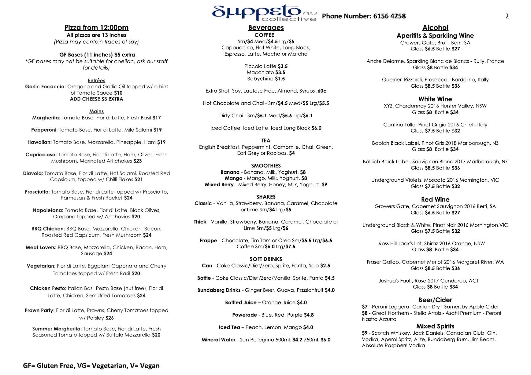 Menu at Suppetó Collective cafe, Jerrabomberra