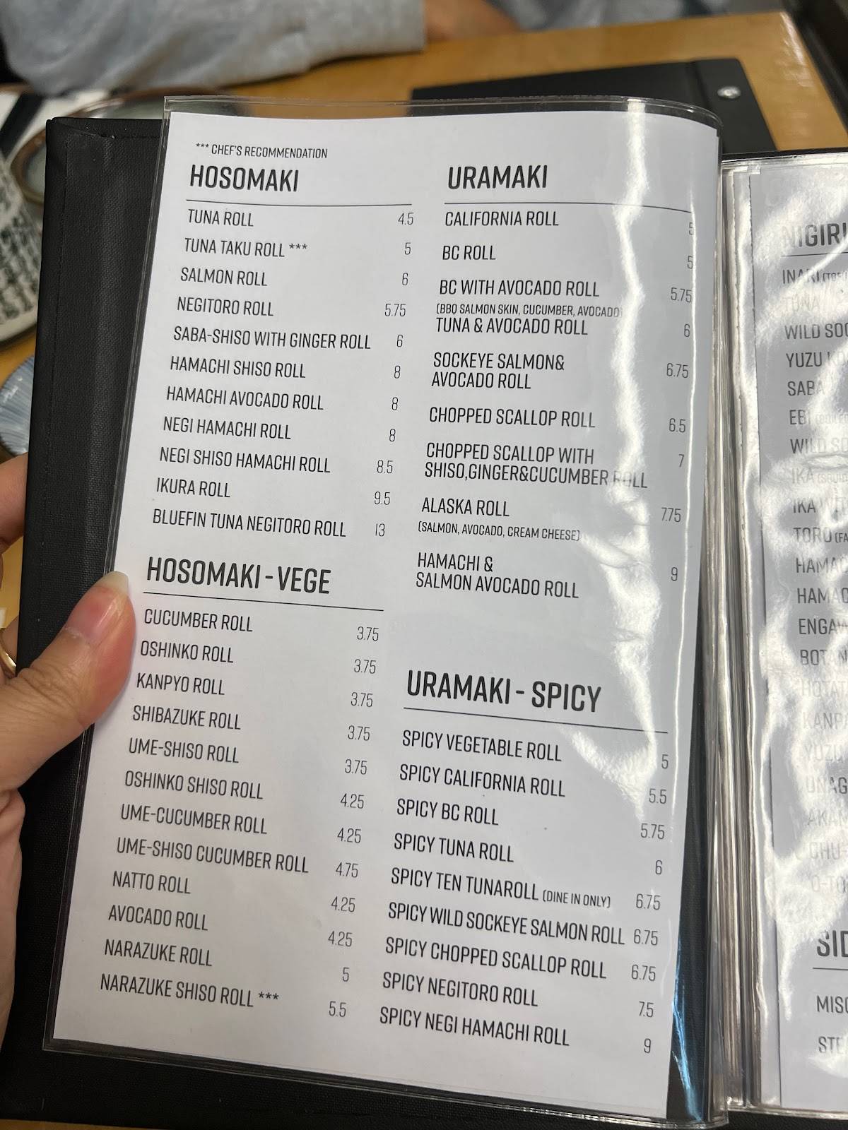 Menu at Sushi By Yuji restaurant, Vancouver