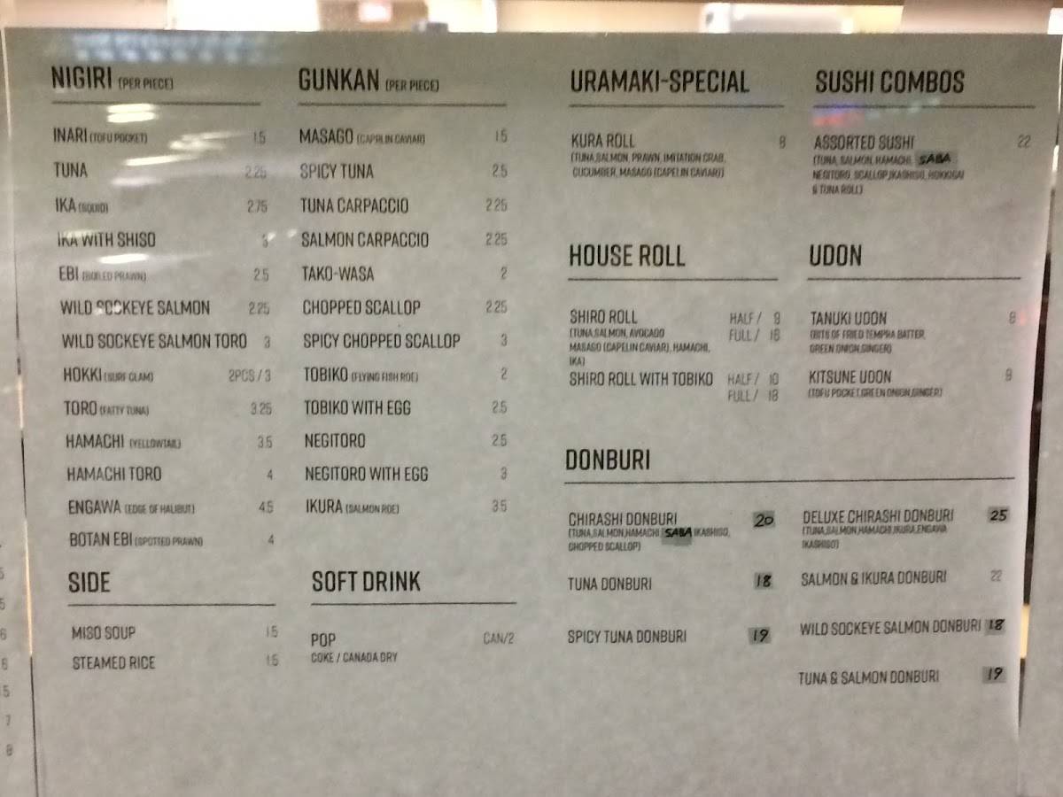 Menu at Sushi By Yuji restaurant, Vancouver
