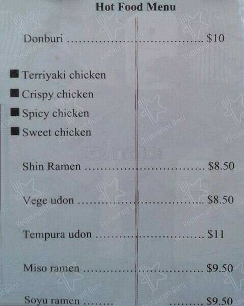 Menu at Sushi Gang restaurant, Auckland