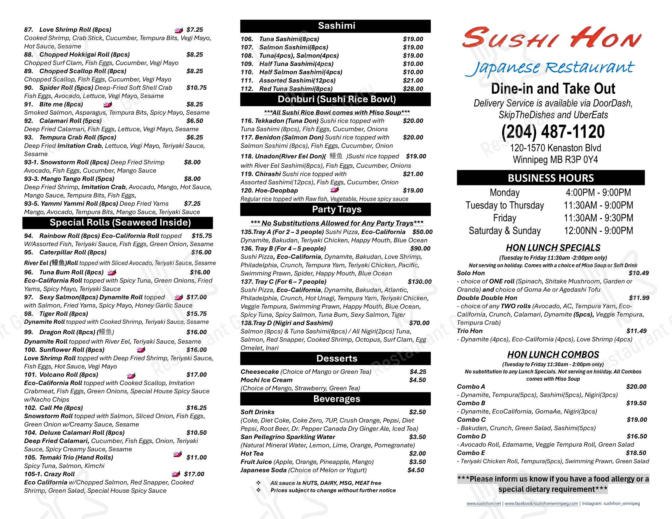 Menu at Sushi Hon restaurant, Winnipeg, Kenaston Blvd #120