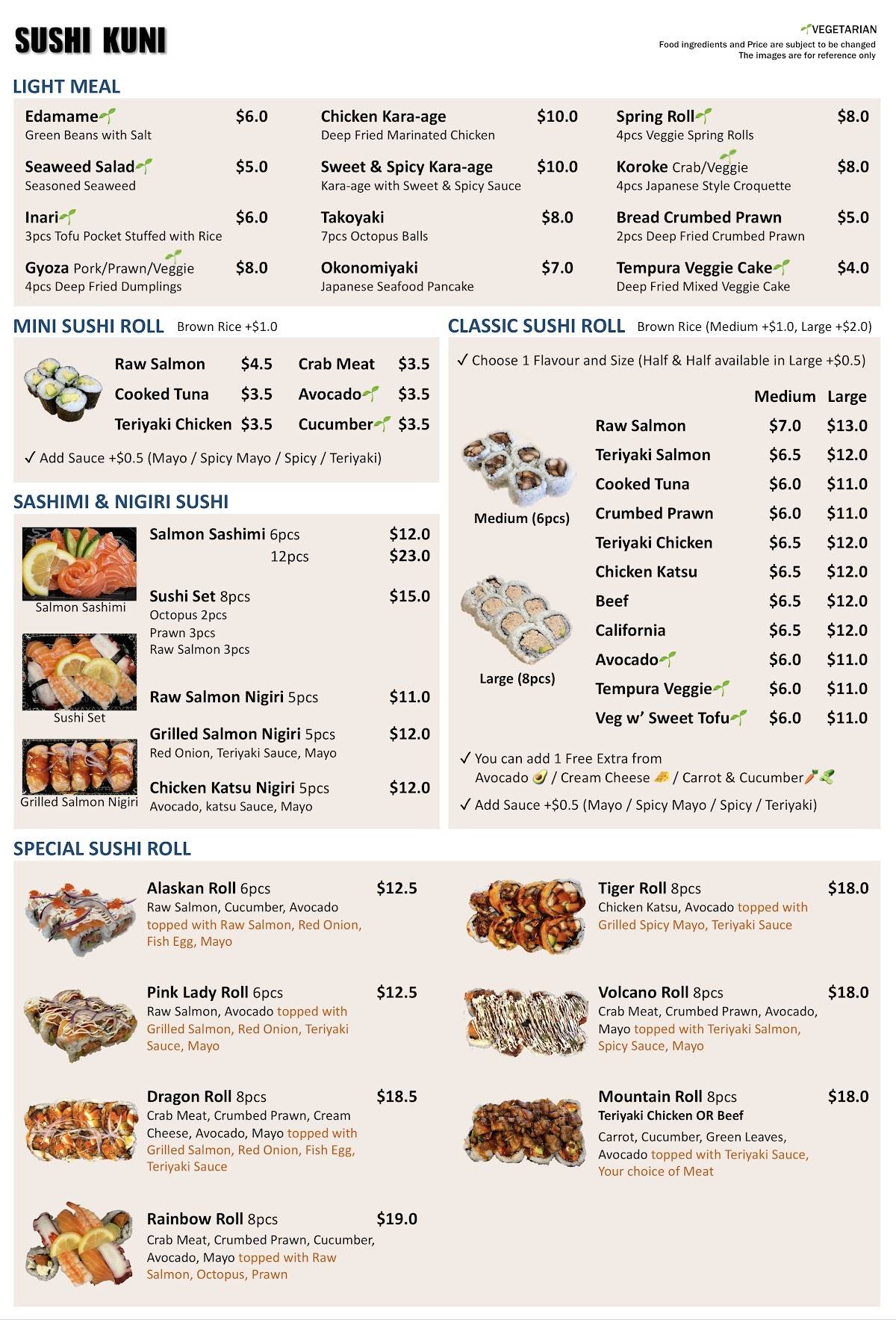 Menu at Sushi Kuni restaurant, Bongaree