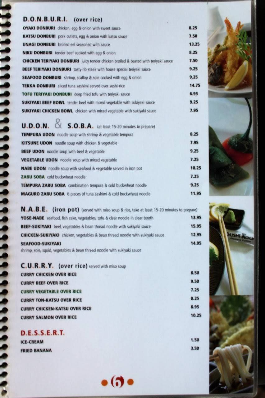 Menu at Sushi Rock restaurant, San Francisco, Polk St