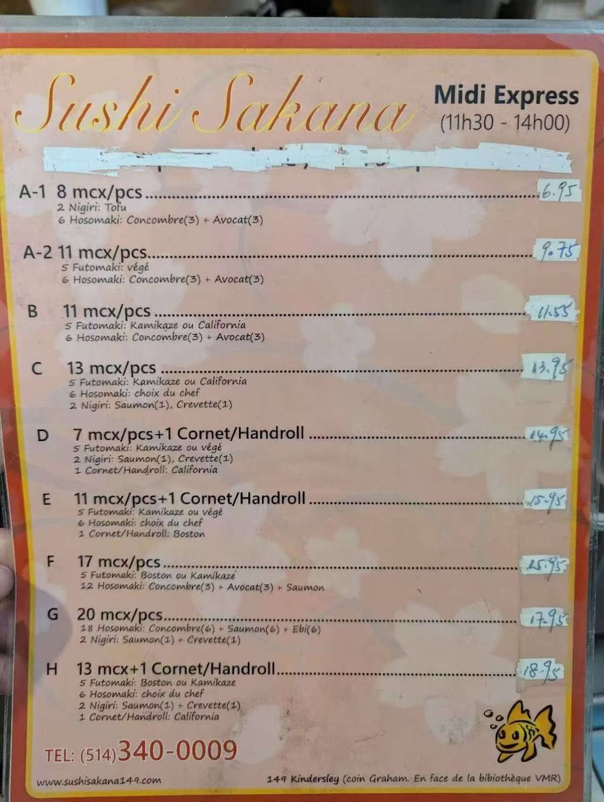 Menu at Sushi Sakana restaurant, Mount Royal