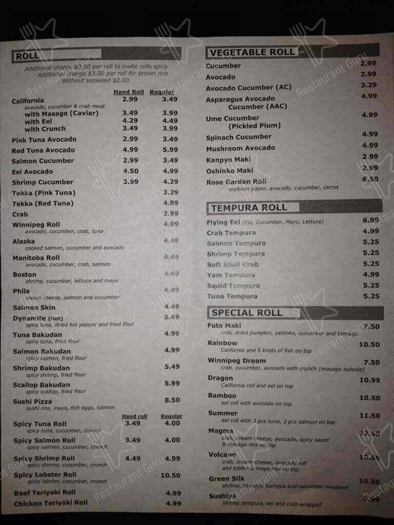 Menu at Sushi ya restaurant, Cali, Palmetto Plaza