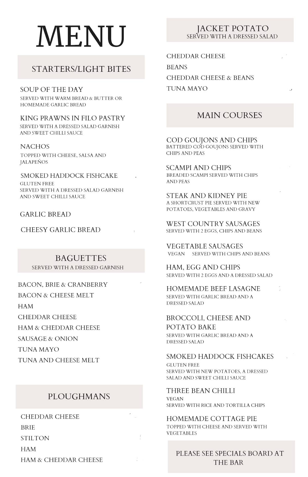 Menu at Swan Inn pub & bar, Abbotsbury