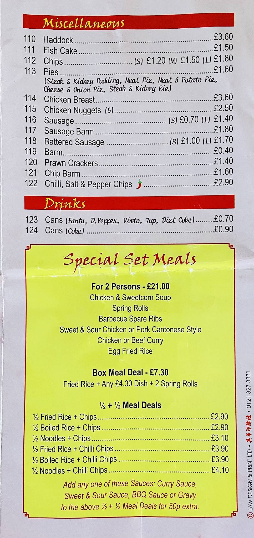 Menu at Sweet & Sour fast food, Fleetwood