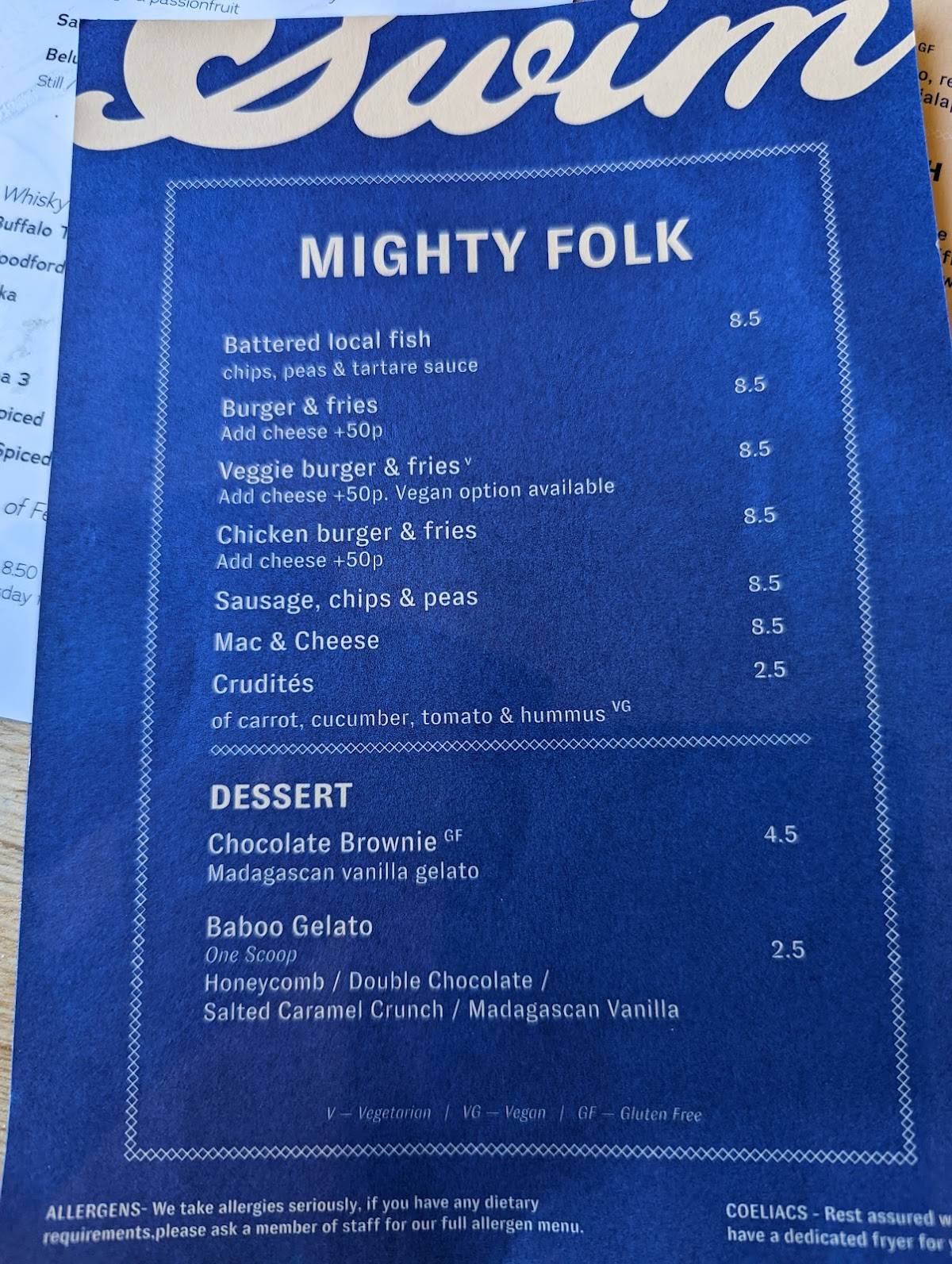 Menu at Swim restaurant, Lyme Regis