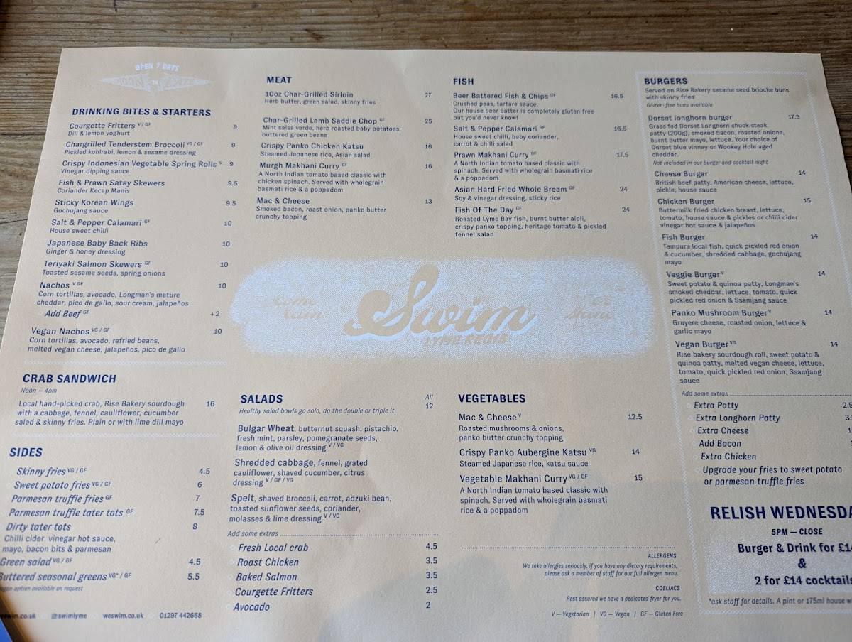 Menu at Swim restaurant, Lyme Regis