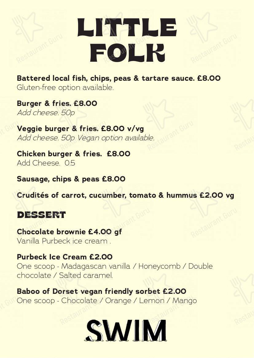 Menu at Swim restaurant, Lyme Regis