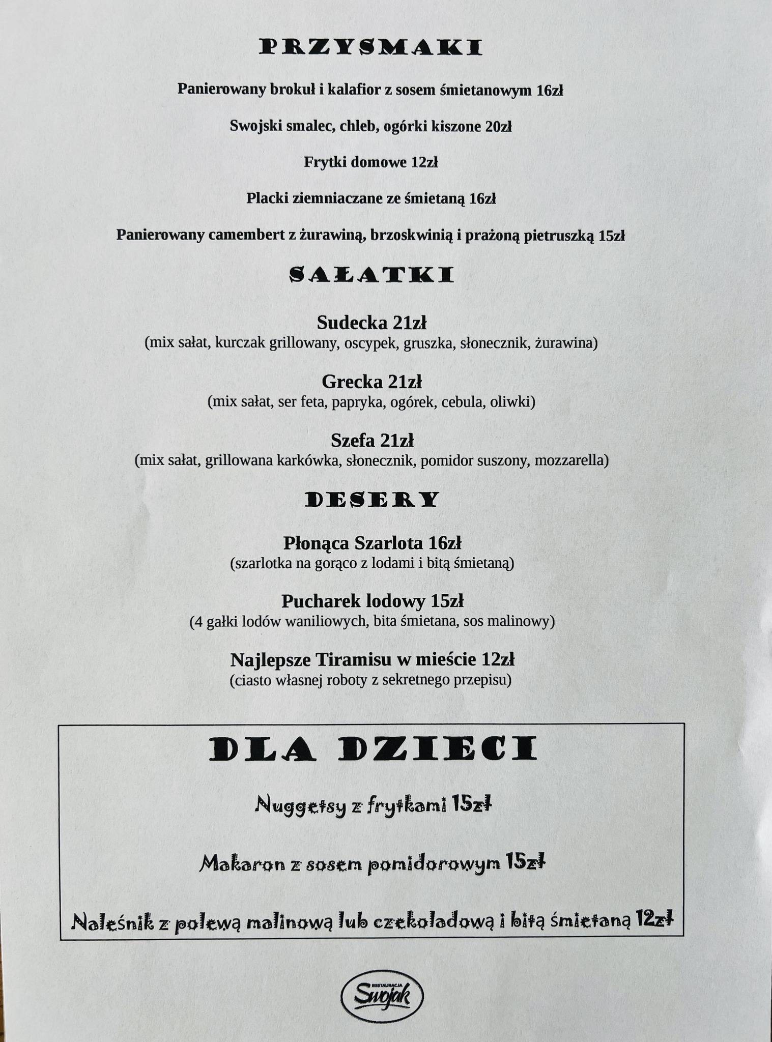 Menu at Swojak restaurant, Kamienna Góra
